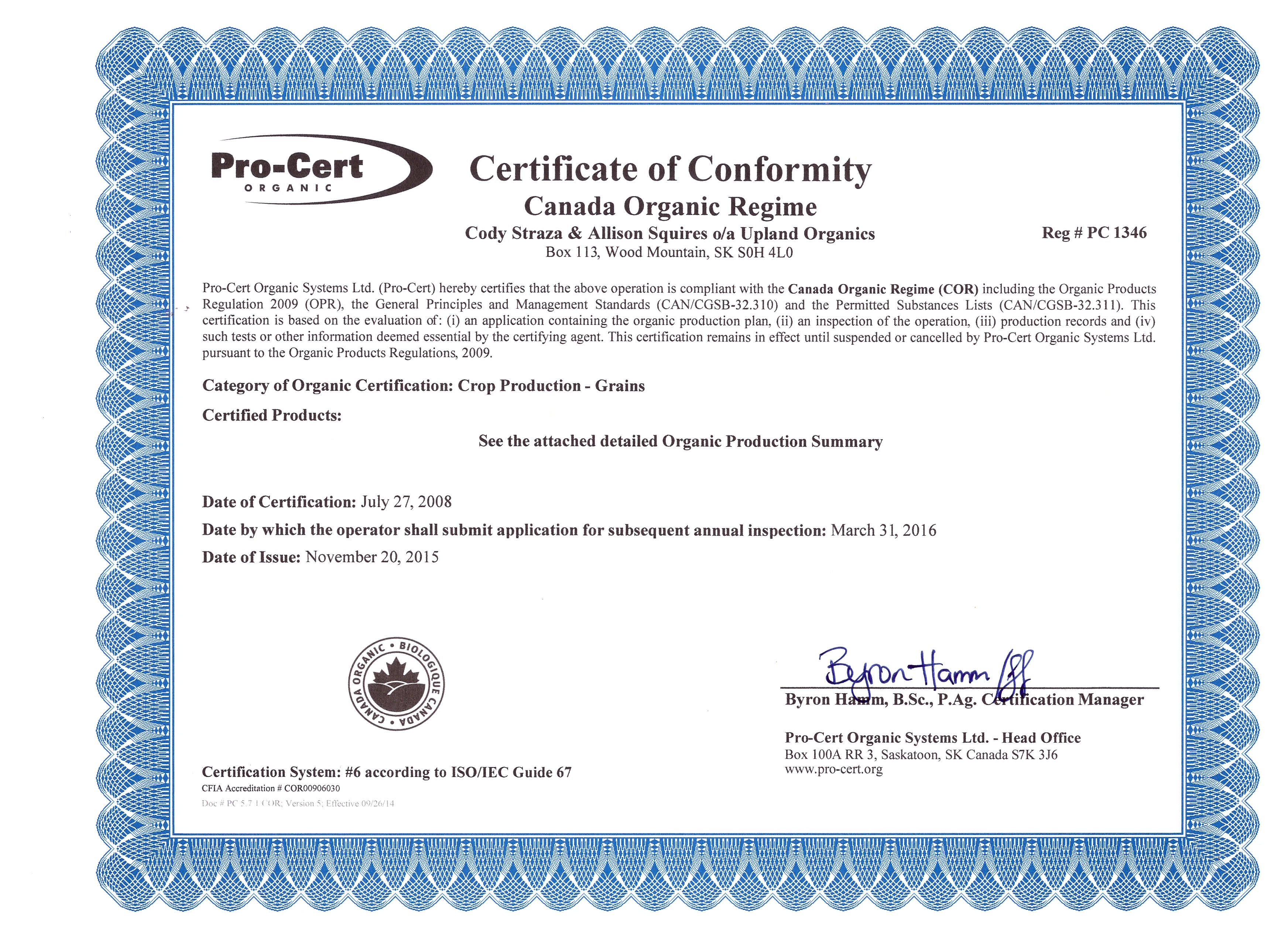 Upland Organics 2015 Organic Certificate – Upland Organics